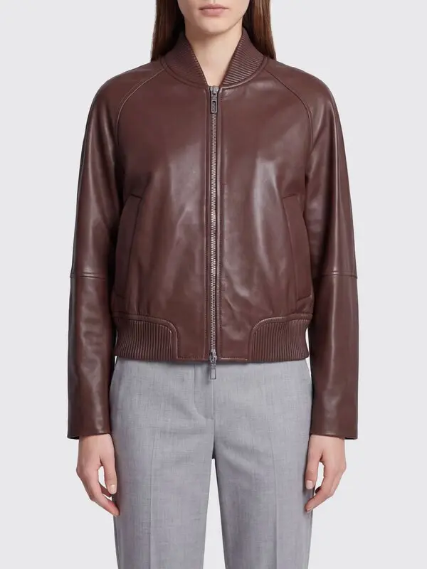Sportmax Amour Cropped Lambskin Bomber Jacket With Zip Closure - Brown