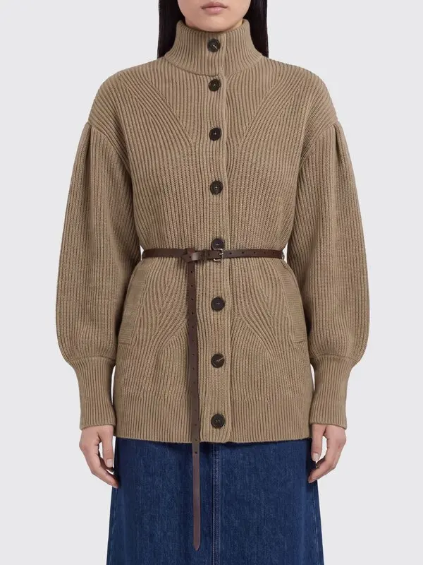 Brunello Cucinelli Belted Turtleneck Cardigan In Wool, Cashmere, And Silk - Beige
