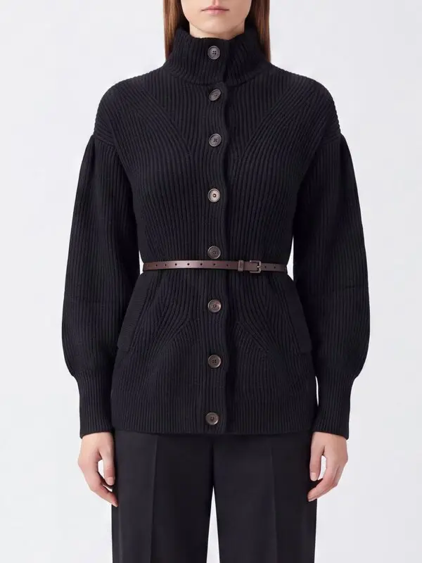 Brunello Cucinelli Belted Turtleneck Cardigan In Wool, Cashmere, And Silk - Black