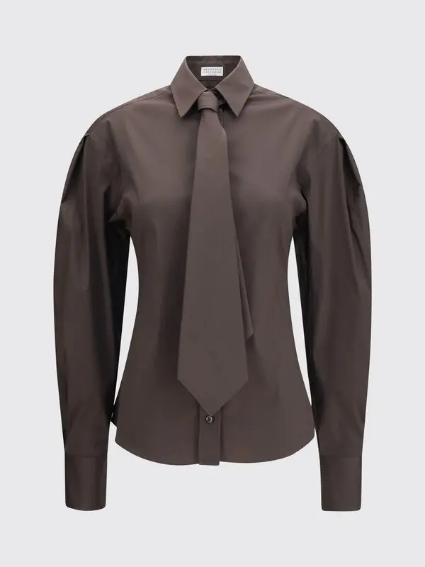 Brunello Cucinelli Cotton Blend Shirt With Monili Embellishment - Cocoa