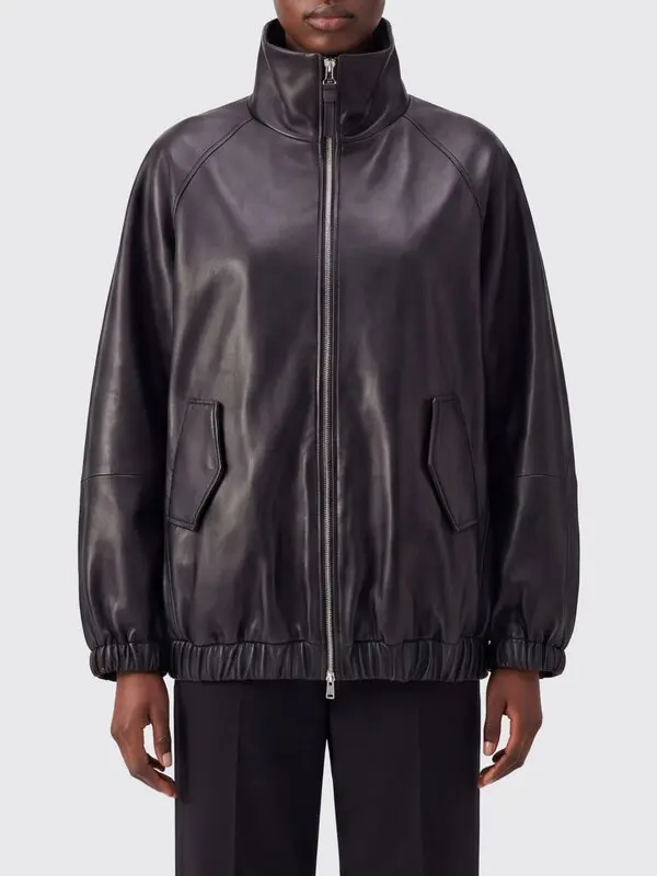 Brunello Cucinelli Relaxed Fit Lambskin Leather Bomber Jacket With High Neck - Grey