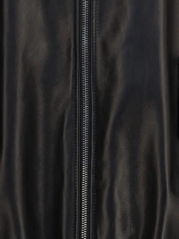 Brunello Cucinelli Relaxed Fit Lambskin Leather Bomber Jacket With High Neck - Grey