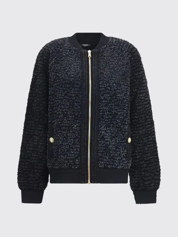 Balmain Cropped Bouclé Bomber Jacket With Zip Closure And Welt Pockets