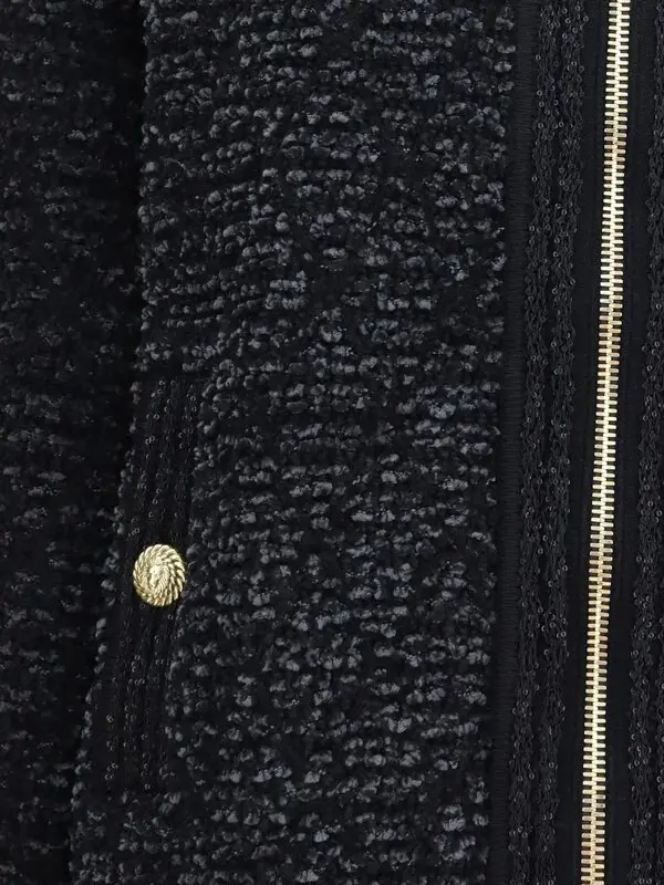 Balmain Cropped Bouclé Bomber Jacket With Zip Closure And Welt Pockets