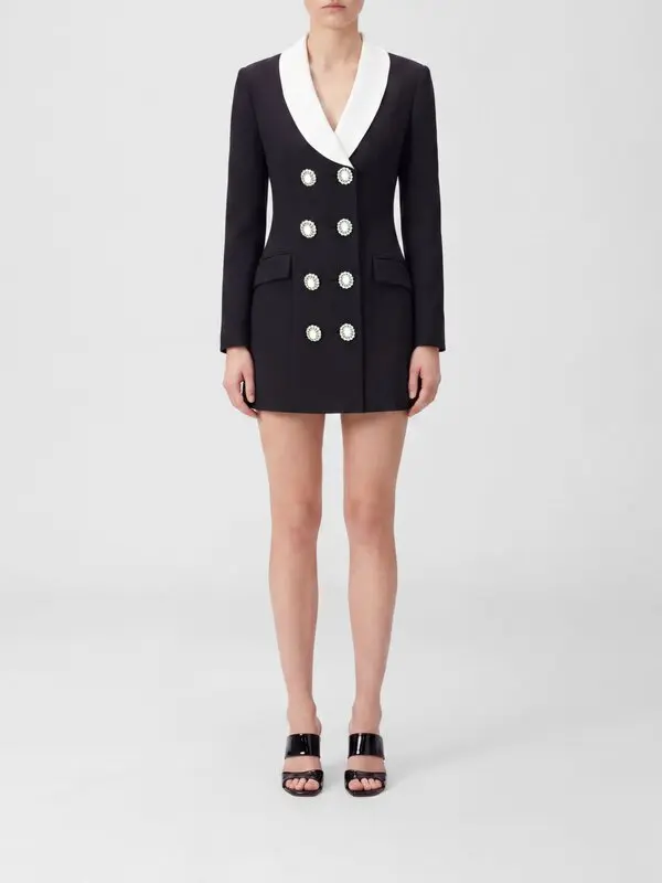 SELF-PORTRAIT Double-breasted Blazer Mini Dress In Wool With Jewelled Buttons - Black