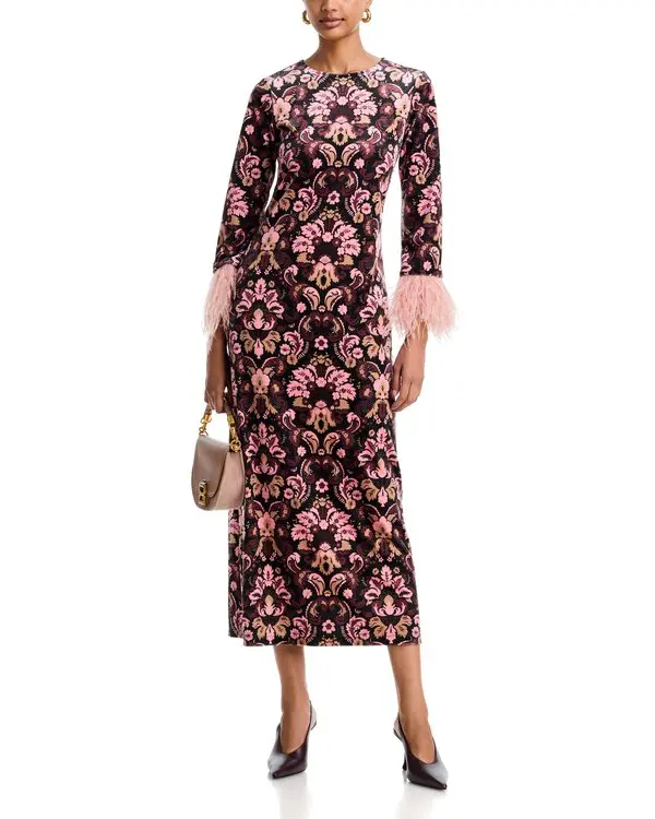 Cara Cara Dayna Printed Feather Trim Maxi Dress