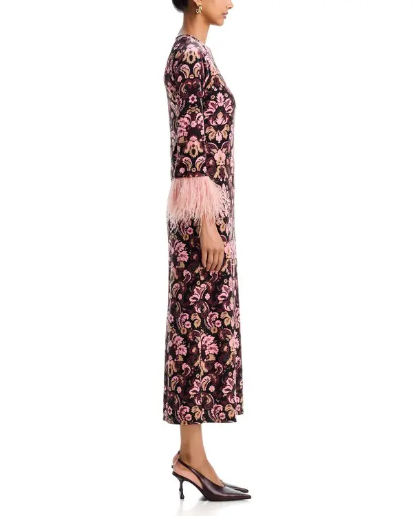 Cara Cara Dayna Printed Feather Trim Maxi Dress