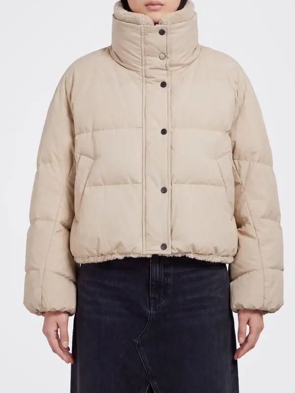 Brunello Cucinelli Short Quilted Cotton Down Jacket With Fur Collar - Beige