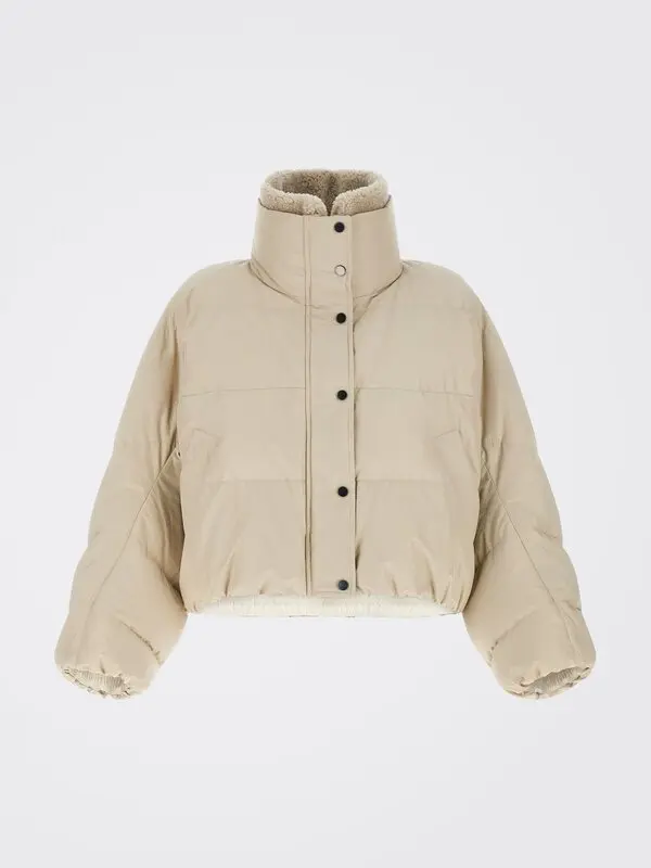 Brunello Cucinelli Short Quilted Cotton Down Jacket With Fur Collar - Beige