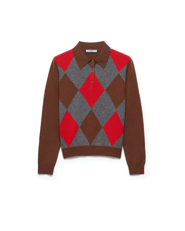 Prada Argyle Cashmere Polo Sweater - Brown