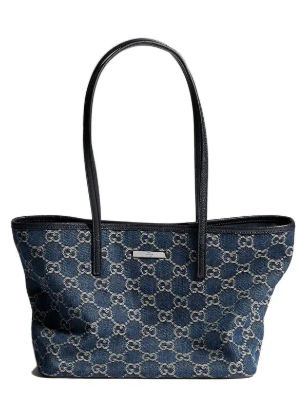 Gucci 19cm X 25cm X 11.5cm Gg Denim Tote Bag With Leather Trim - Blu