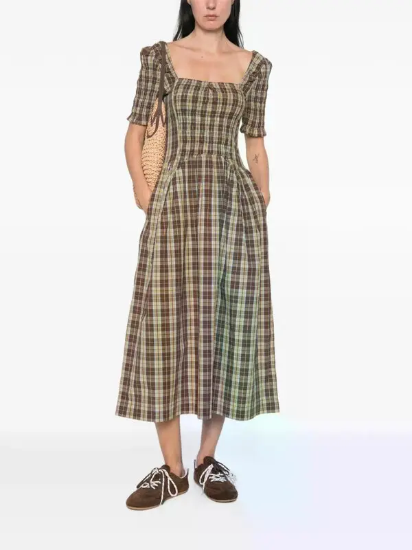 DAMSON MADDER Emmy Shirred Checked Midi Dress - Brown
