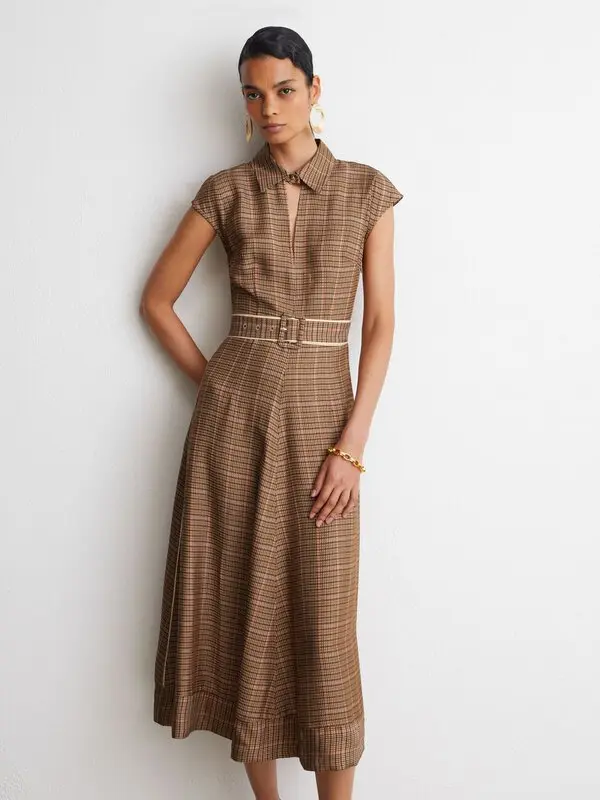REISS Sammie Collared Check Belted Midi Dress - Neutral Check