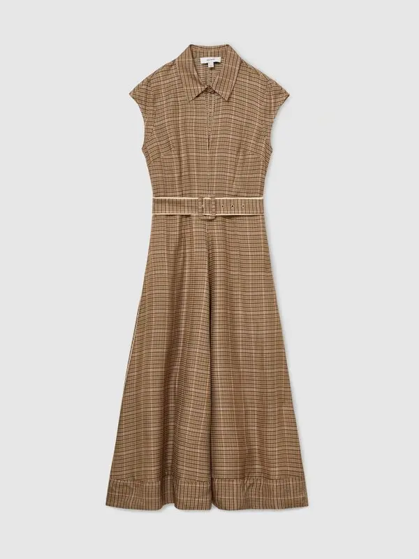 REISS Sammie Collared Check Belted Midi Dress