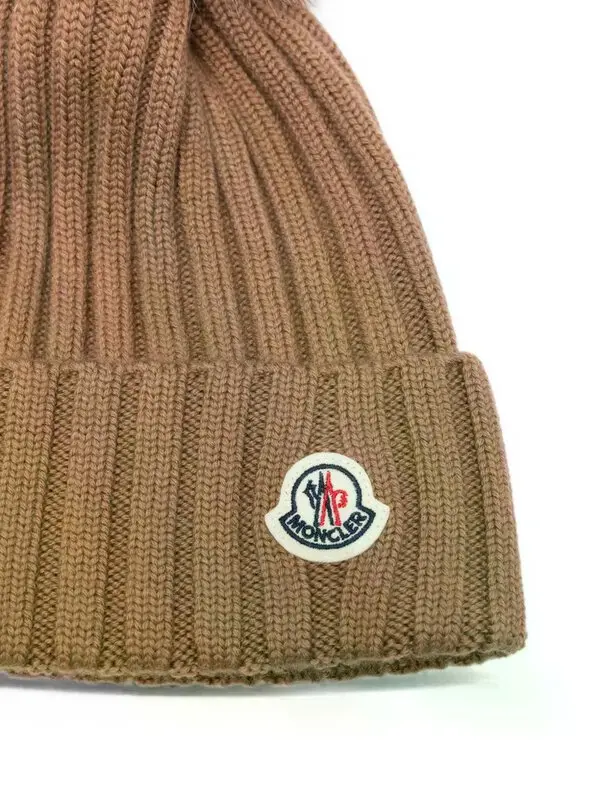 Moncler Ribbed Pompom Beanie Hat - Brown