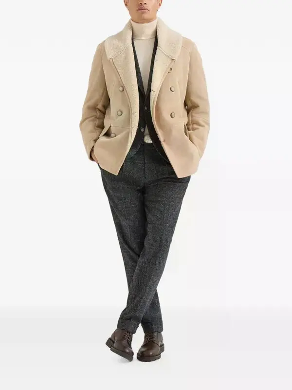 Brunello Cucinelli Suede Curly Shearling Pea Coat With Shawl Collar