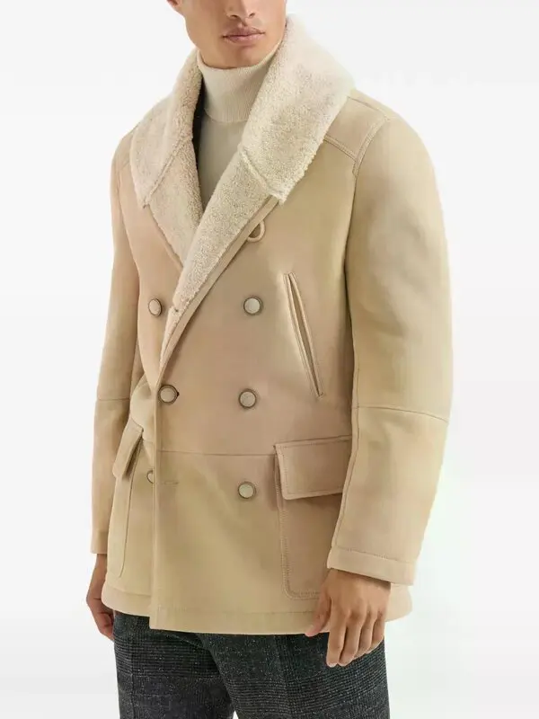 Brunello Cucinelli Suede Curly Shearling Pea Coat With Shawl Collar