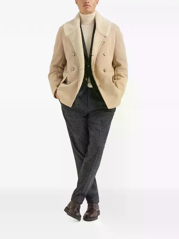Brunello Cucinelli Suede Curly Shearling Pea Coat With Shawl Collar - Neutrals