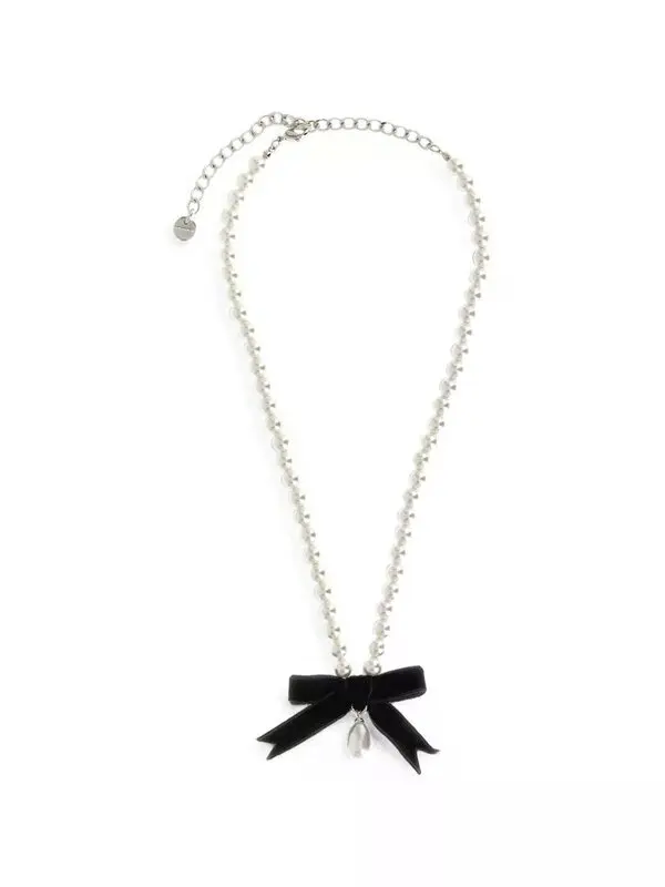 SELF-PORTRAIT Black Bow Pearl Necklace - Silver