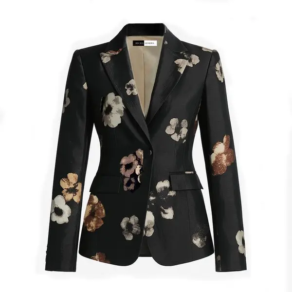 RICHA SHARMA Black / Brown / White Floral Tailored Blazer Statement Jacket With Art Inspired Print - Black/brown/white