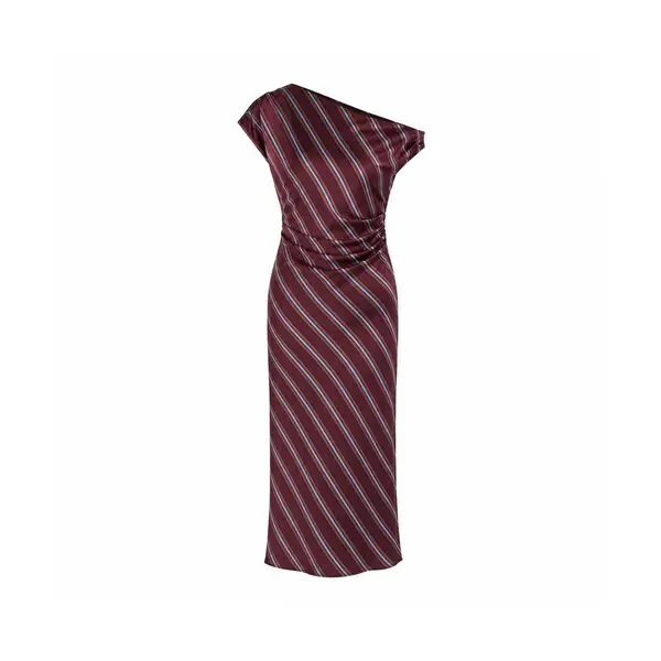GIRL IN MIND Margot Striped Off Shoulder Midi Dress Burgundy - Brown