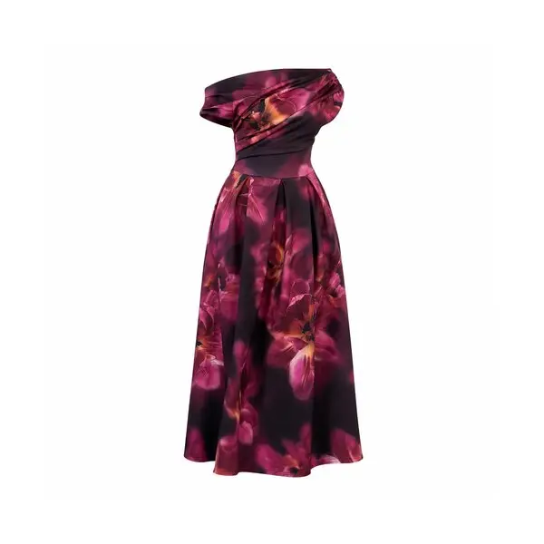 GIRL IN MIND Betty Asymmetric Neckline Floral Skater Midi Dress Plum Floral - Red