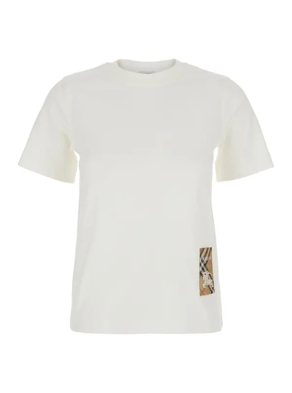 Burberry T-shirt With Logo Patch With Check Motif On The Front In White Cotton For - Multicolor