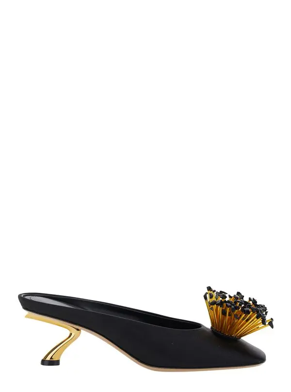 FERRAGAMO Black Sandals With Low Heel And Crystal Embellishment On The Front In Fabric - Multicolor