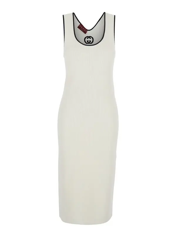 Gucci White Long Dress With Round Neck And Gg Embroidery On The Back In Viscose Blend - Multicolor
