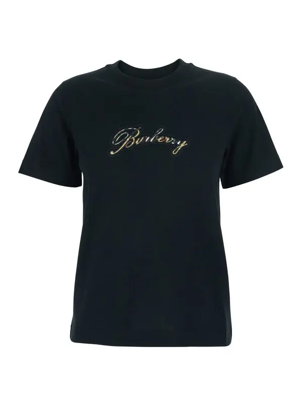 Burberry Black Crewneck T-shirt With Logo Lettering On The Front In Cotton - Multicolor