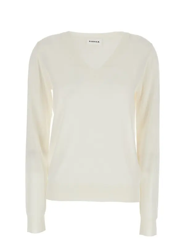 P.a.r.o.s.h Long Sleeve V-neck Sweater In White Wool And Silk Blend For - Multicolor