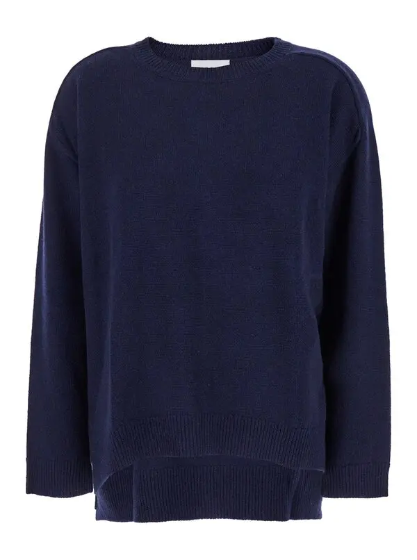 P.a.r.o.s.h Blue Crewneck Sweater With Asymmetric Hem In Wool And Cashmere - Multicolor