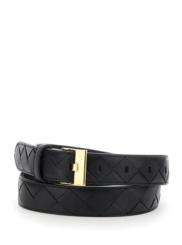 Bottega Veneta Black Belt With All-over Intreccio Motif In Leather - Multicolor