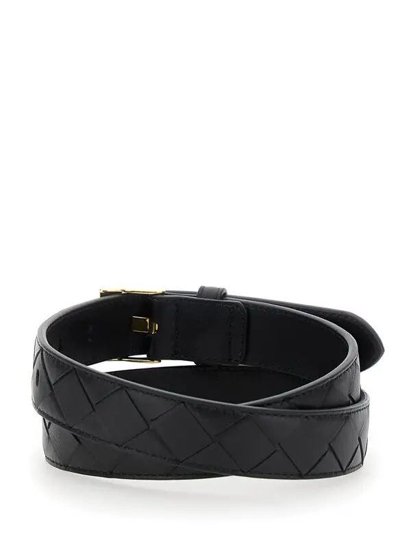 Bottega Veneta Black Belt With All-over Intreccio Motif In Leather - Multicolor