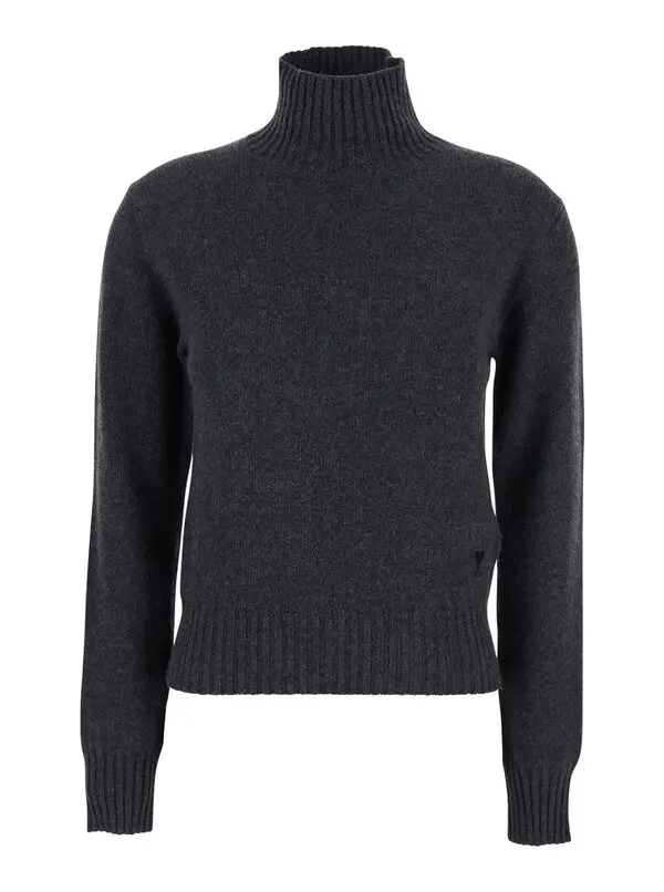 AMI Paris Grey Turtleneck Sweater With Ribbed Trims In Cashmere - Multicolor