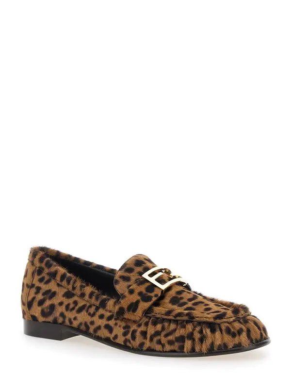 Fendi Loafers With Ff Plaque And Leopard Motif In Brushed Leather - Brown