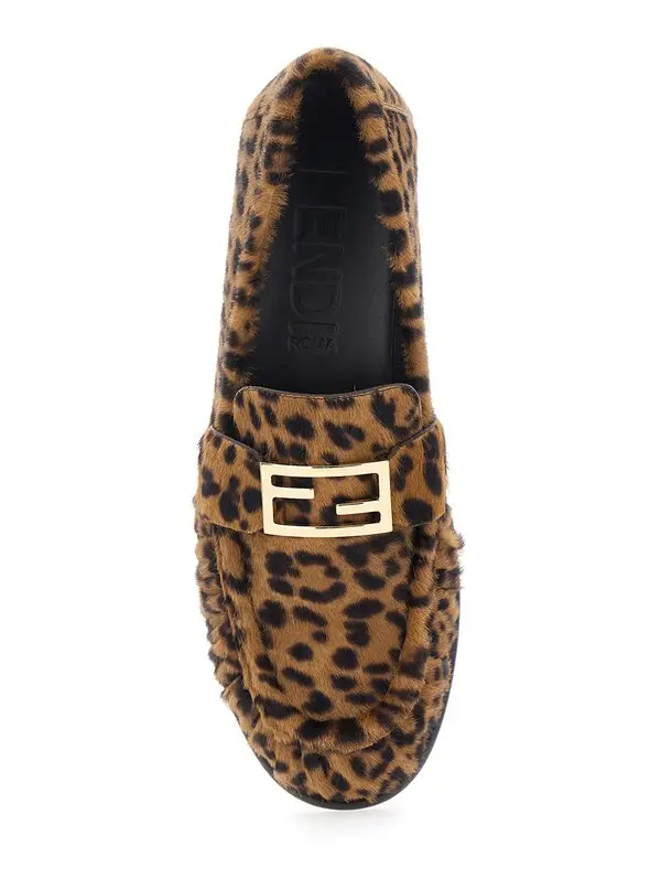 Fendi Loafers With Ff Plaque And Leopard Motif In Brushed Leather - Brown