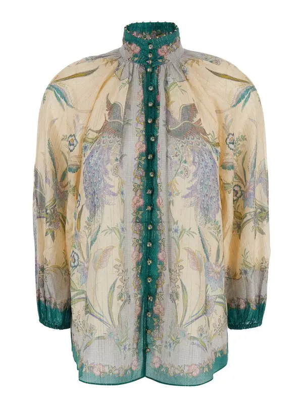 Zimmermann Indra' Blouse With Classic Collar And All-over Floral Motif In Silk Blend For - Multicolor