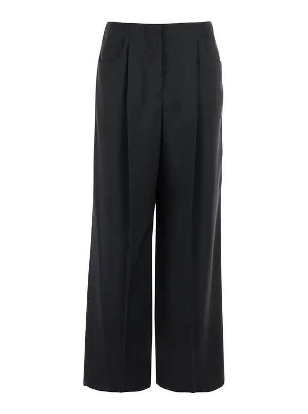 Fendi Black Pants With Front Pences And Wide Leg In Wool - Multicolor