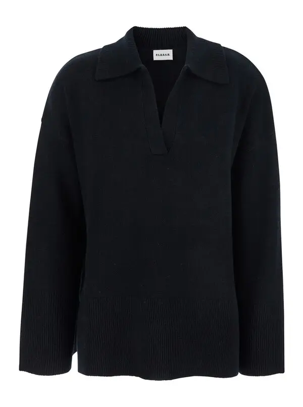 P.a.r.o.s.h Sweater With Polo Shirt Style Collar And Dropped Shoulder In Wool And Cashmere - Black