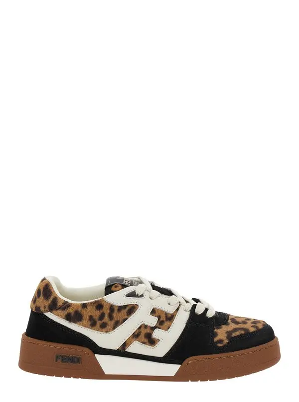 Fendi Match' Brown Low Top Sneakers With Ff Application And Leopard Motif In Mixed Leather - Multicolor