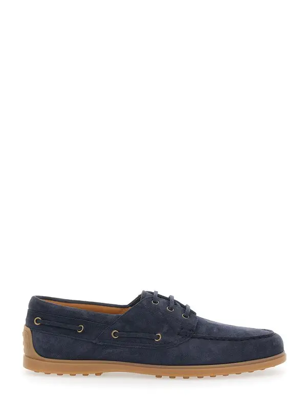 TOD'S Blue Boat Loafers With Logo Lettering On Back In Suede - Multicolor