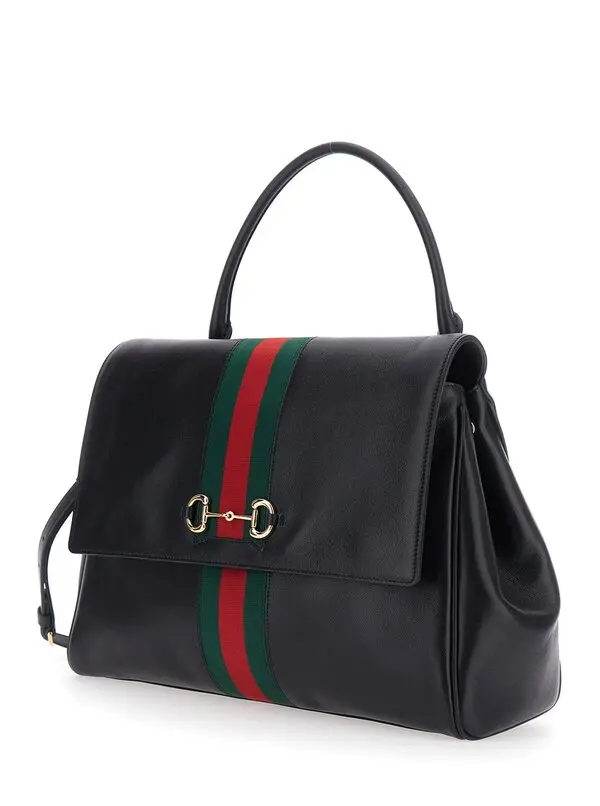 Gucci Paparazzo' Black Large Handbag With Horsebit And Web Stripe On The Front In Leather For - Multicolor