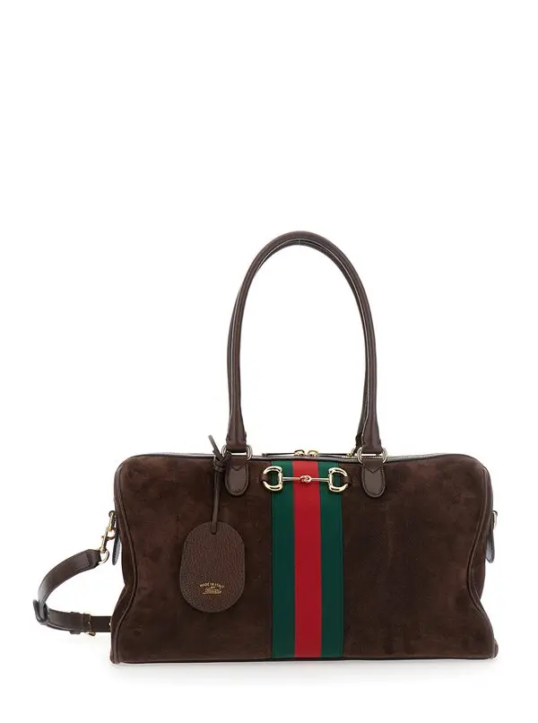 Gucci Brown Shoulder Bag With Web Detail On The Front And Horsebit Plate In Suede For - Multicolor