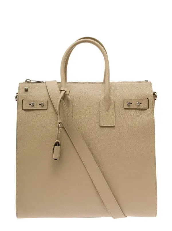 Saint Laurent Sac De Jour' Beige Tote Bag With Embossed Logo In Grainy Leather - Multicolor