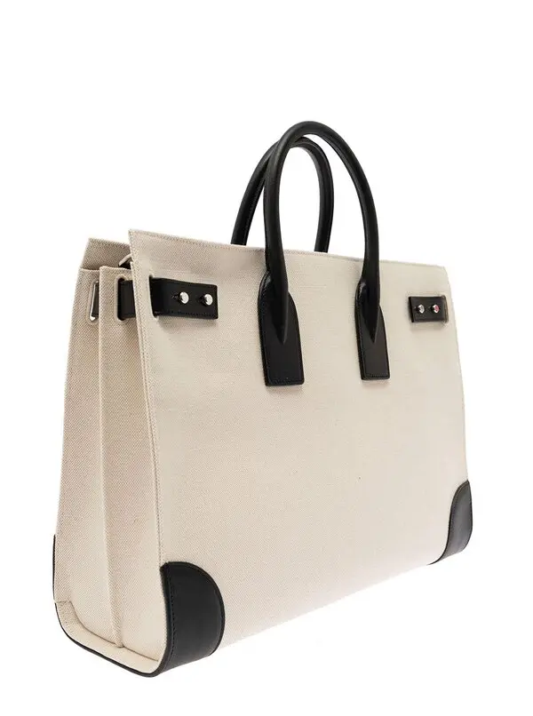 Saint Laurent Sac De Jour L' Beige Tote Bag With Brass Padlock In Canvas And Leather - Cream