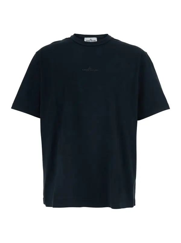 Stone Island Blue Crew Neck T-shirt With Logo Lettering Embroidery On The Front In Cotton For - Multicolor