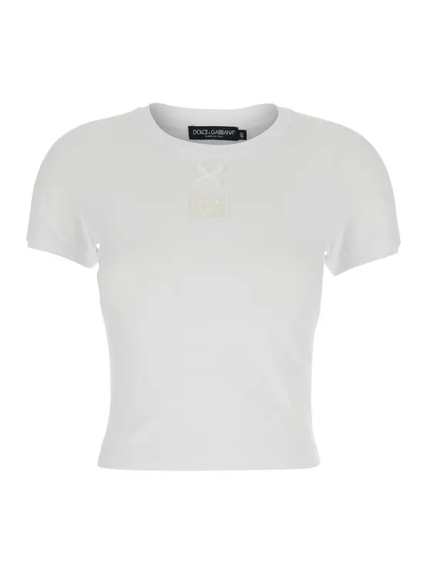 Dolce & Gabbana White Cotton Crew Neck T-shirt With Bow And Logo On Front For - Multicolor