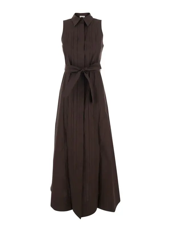 P.a.r.o.s.h Long Sleeveless Dress With Front Belt And Classic Collar In Brown For - Multicolor