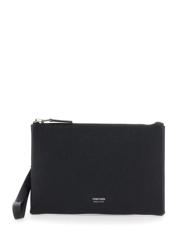 TOM FORD Black Clutch With Wrist Strap And Logo Lettering On The Front In Leather For - Multicolor